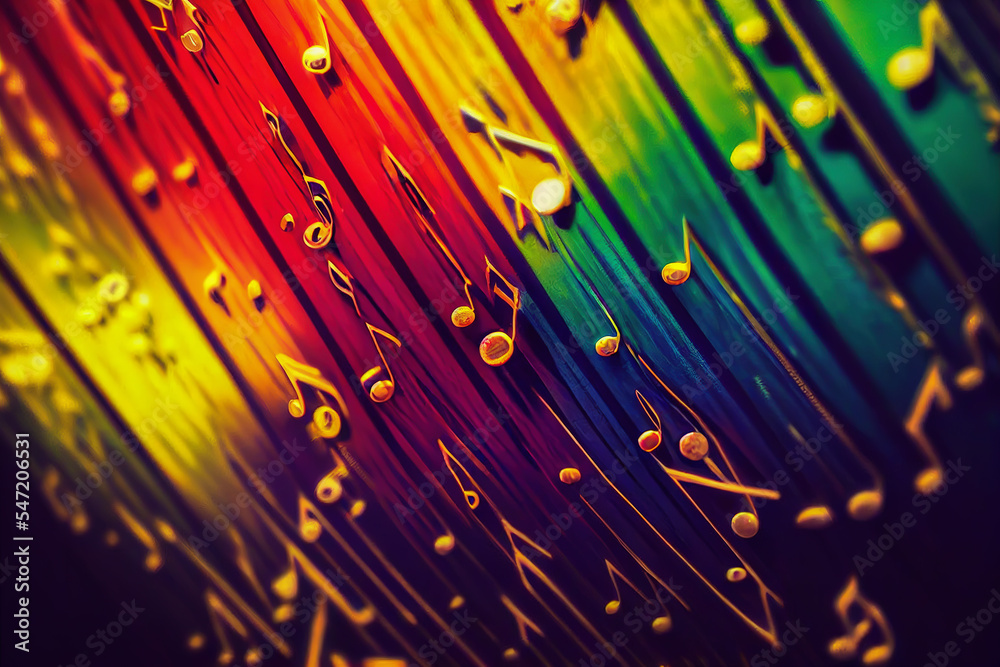 Musical notes flowing across a spectrum of vibrant colors, creating a ...
