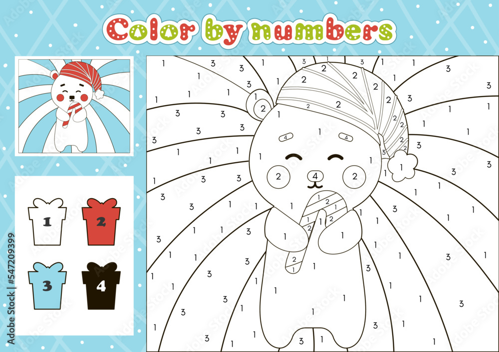 Christmas number coloring page for kids with cute bear character and ...