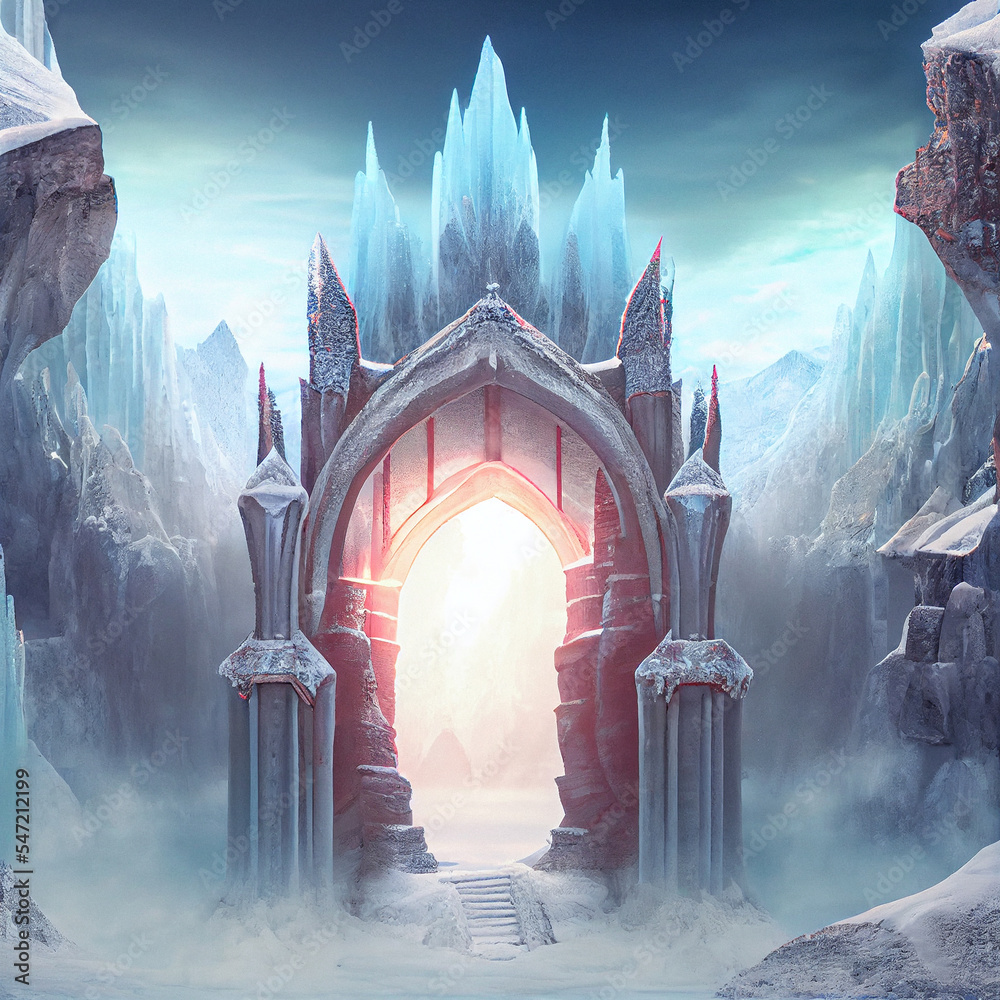 Fairy tale ice castle with high towers in the mountains. View of the ...