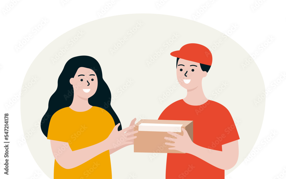 Woman receiving parcel box from Delivery man. Courier in uniform hands ...