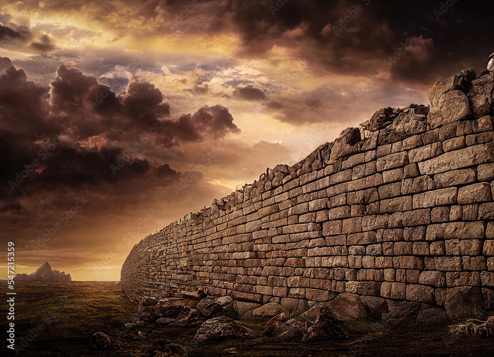Ancient stone wall of a defensive fortification in a fantasy world. 3d ...
