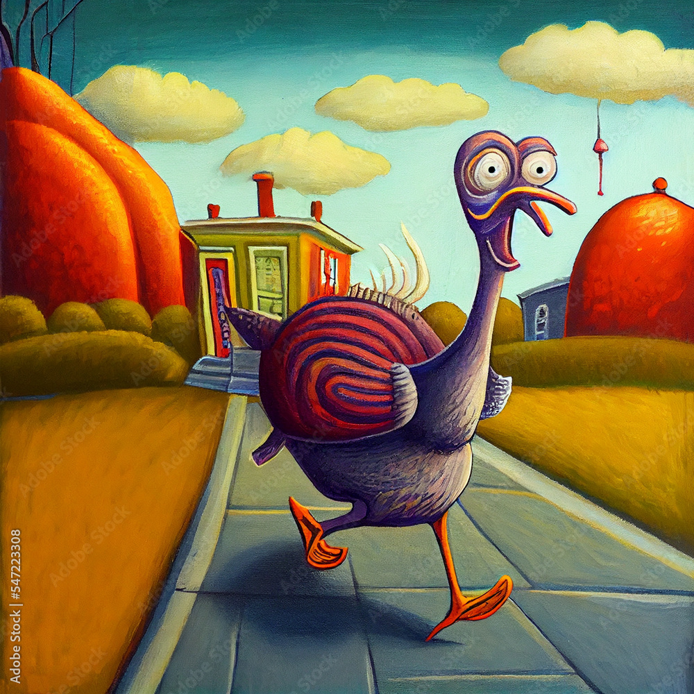 distraught turkey tries to run away, cartoon style, digital art ...