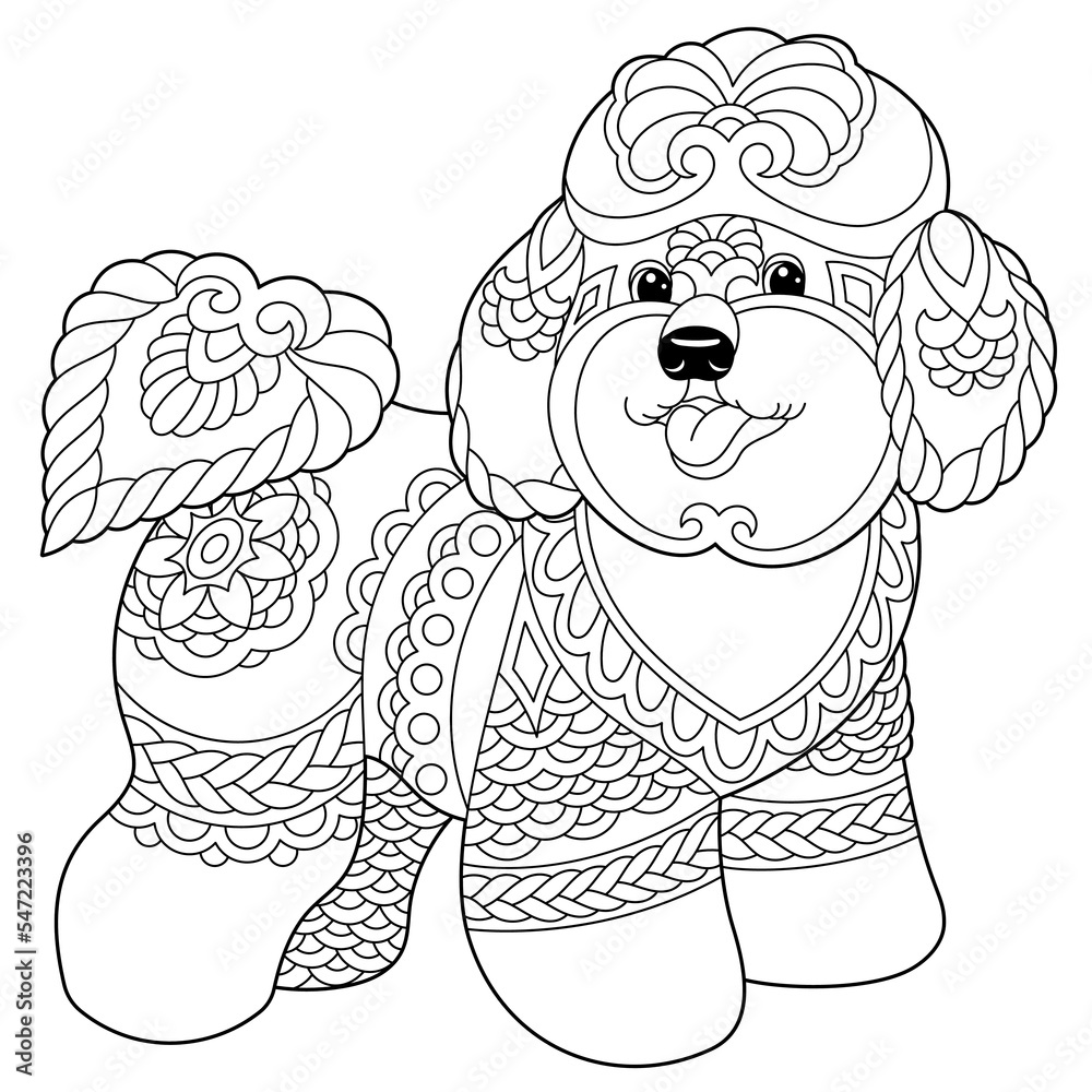 Cute bichon frise dog. Adult coloring book page in mandala style. Stock ...