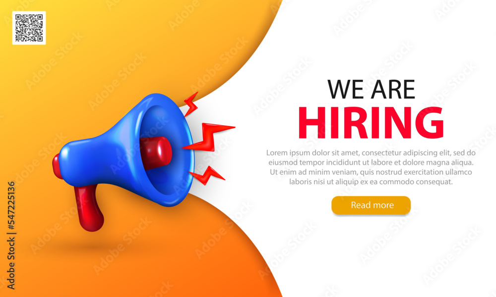 We're hiring web banner with 3d glossy shouting megaphone, text and ...