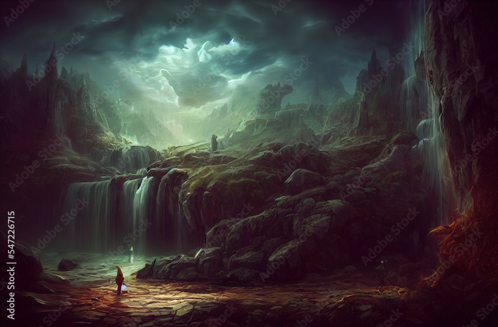 fantasy rock mountain waterfall in Norse Mythology, darkness Stock ...