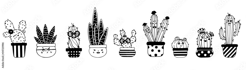 Doodle sketch set of cute kawaii cactus and succulent characters ...