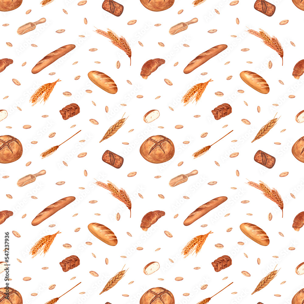 Seamless bread pattern. Watercolor bakery background with wheat spica ...