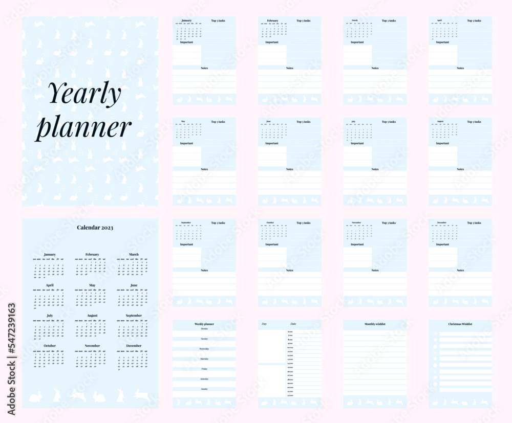 Yearly planner template for 2023 with calendar and monthly pages. Wish ...