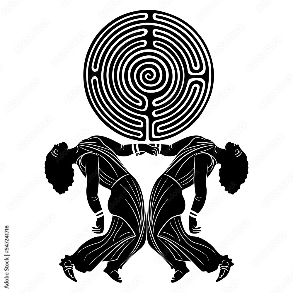 Two dancing ancient Greek women holding a round spiral maze or ...