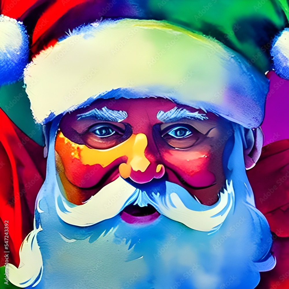 He's got a big beard, and he's wearing a red suit. He looks happy, like ...