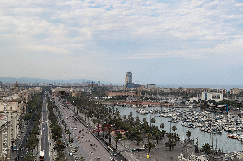 General aerial view of Barcelona and its port from the dome of the ...
