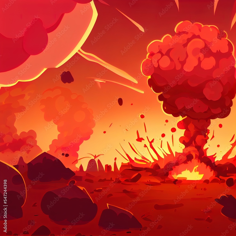 Fire background, cartoon red bomb explosion clouds over destroyed burnt ...