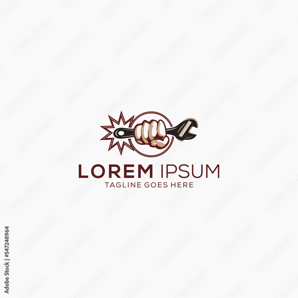 Vintage retro hand holding wrench for premium garage custom workshop ...