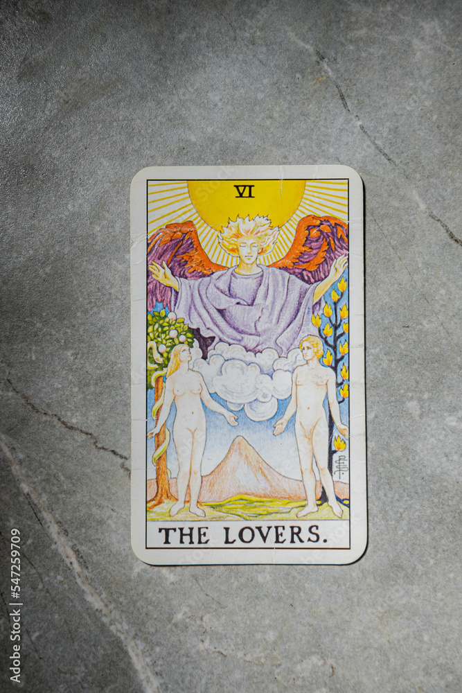 Tarot. VI, 6, six. Lovers Esoteric tarot cards for divination on a gray ...