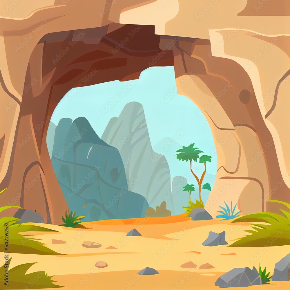 Cave 2d illustrated background, cartoon cave landscape with a blank ...