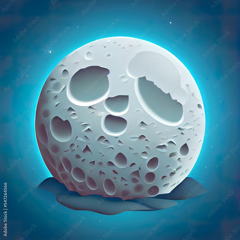 3d cartoon full moon with crater and glowing moonlight. Luna element ...