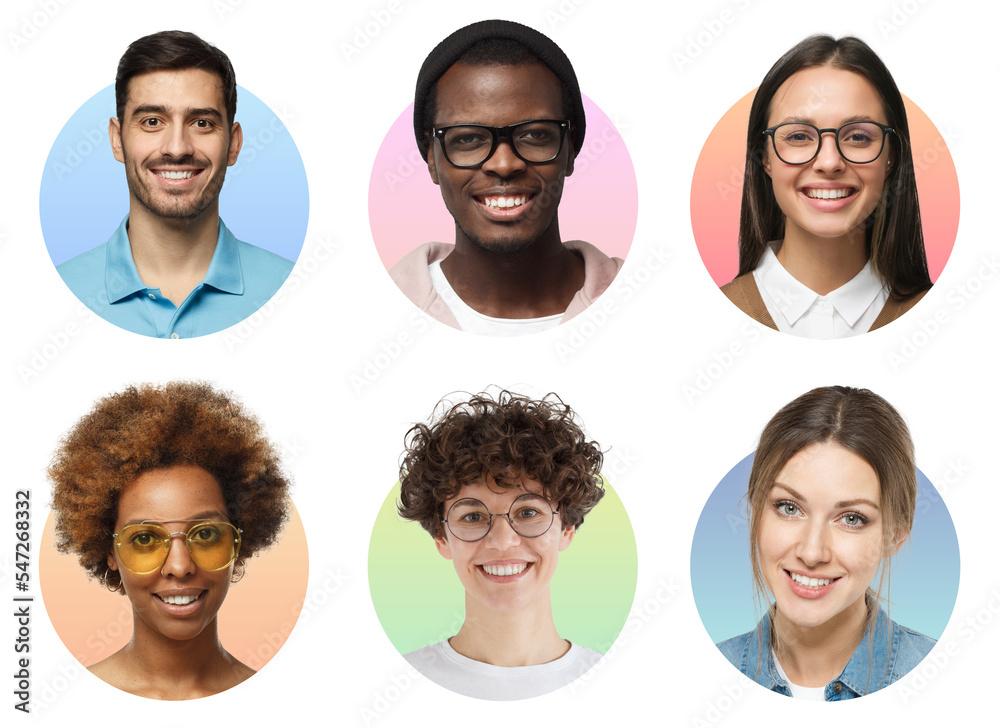 Collage of portrait and faces of group of young diverse people for ...