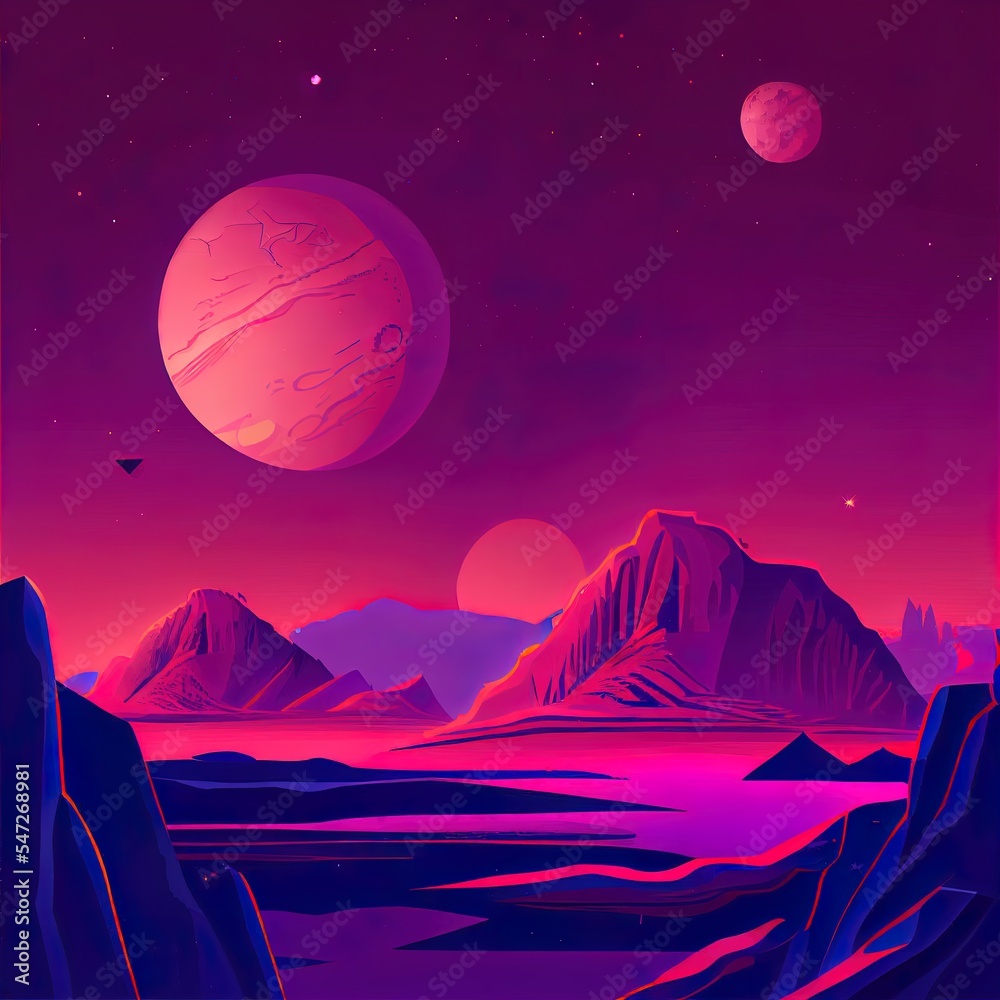 Mars purple space landscape with large planets on purple starry sky ...