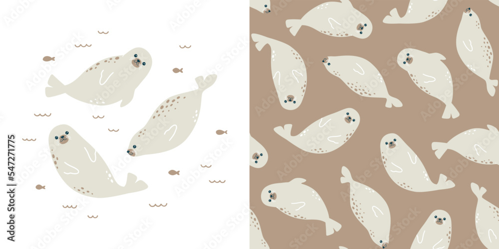 Cute vector collection with fur seal. Seamless pattern and animal ...