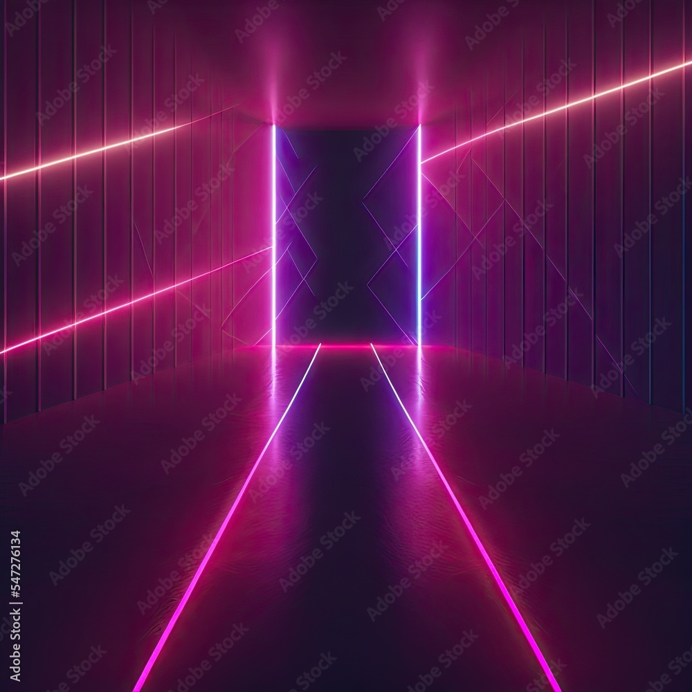 Dark background. Room with pink neon lights. Lines and LEDs, night view ...