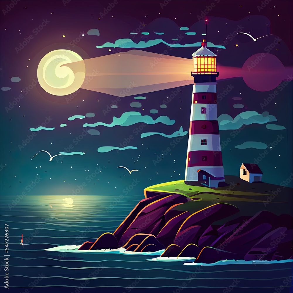 Lighthouse on a sea shore at night in summer. Landscape view of an ...