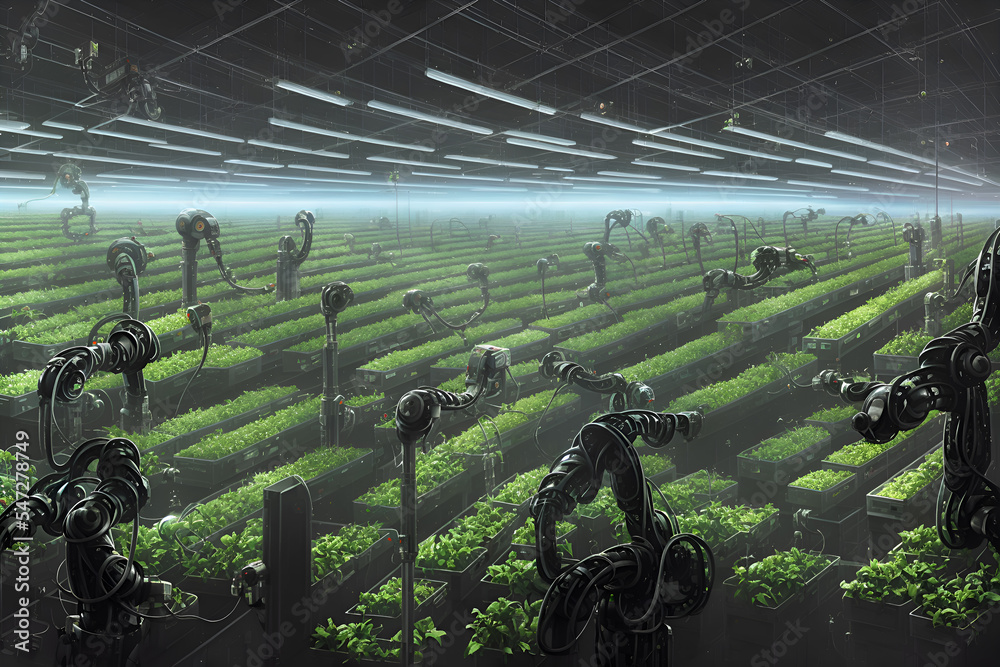 3d render of robotic arms planting and gathering food in a dystopian ...