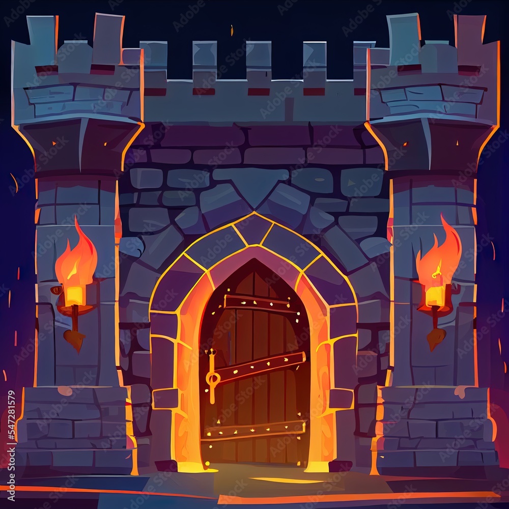 Medieval castle gate at night, palace entry exterior with arched door ...