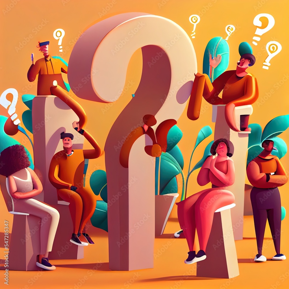3D illustration of thinking people with huge exclamation and question ...