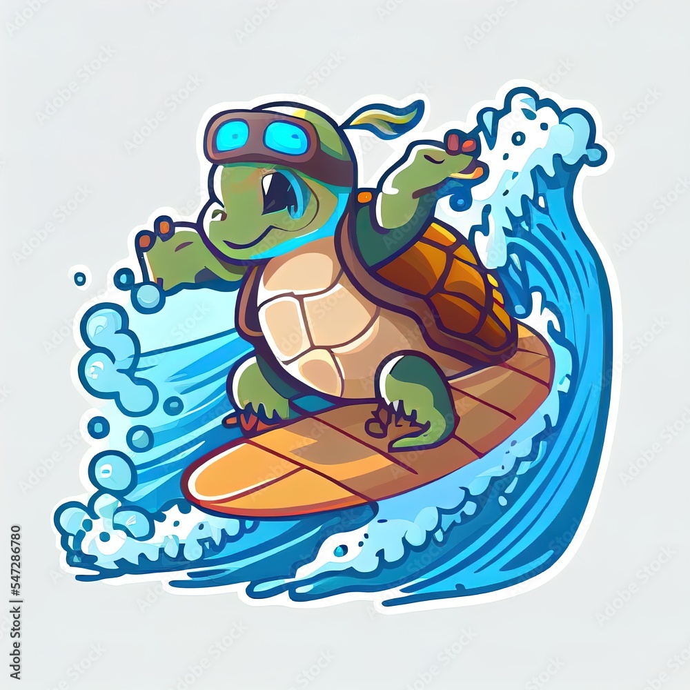 Cute Turtle Surfing In Sea Cartoon 2d illustrated Icon Illustration ...