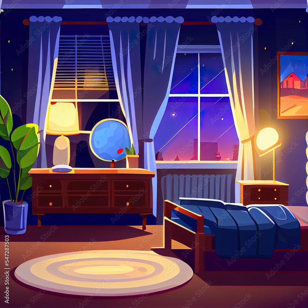 2d illustrated cartoon illustration of cozy bedroom at night. Modern ...