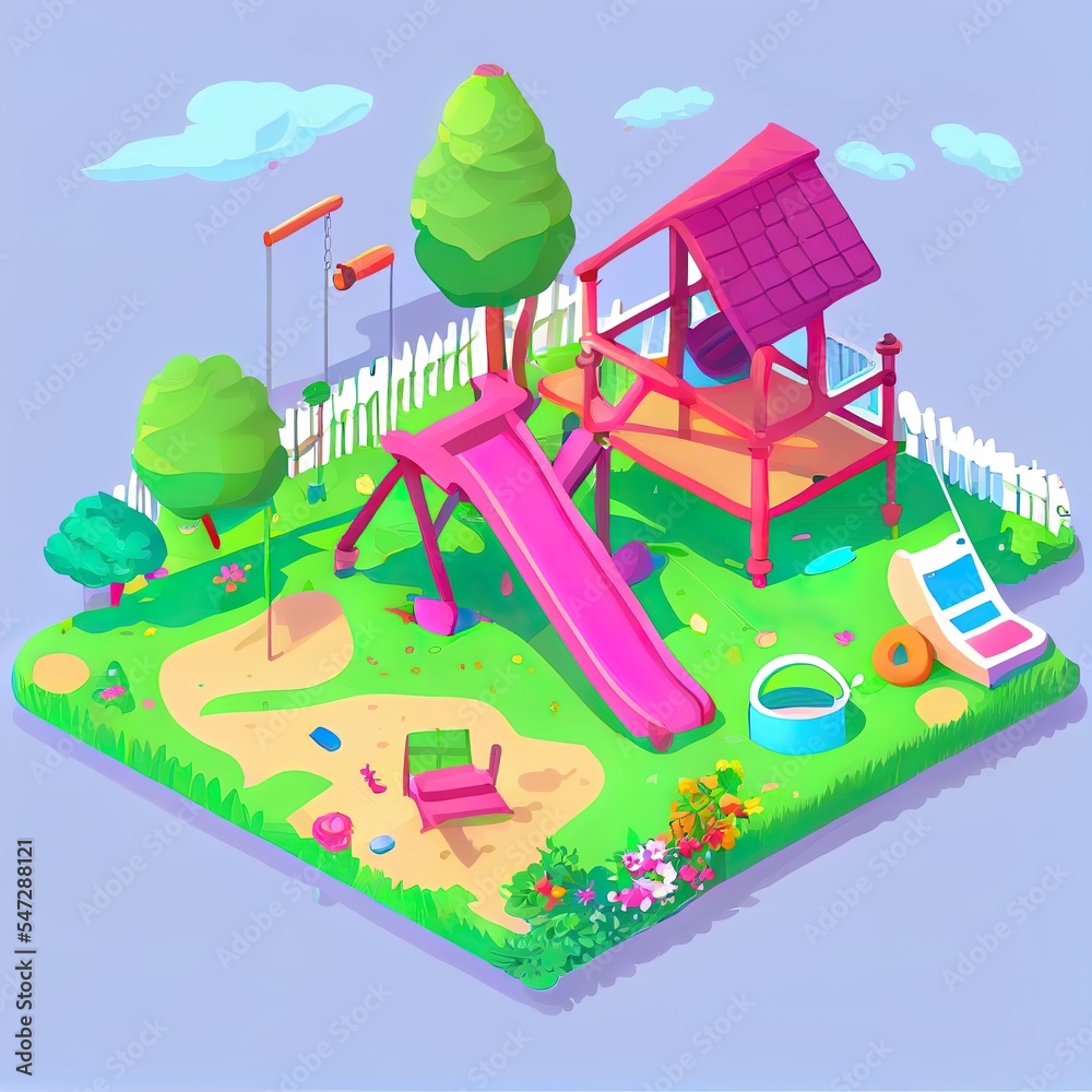 Kids playground in summer garden with swing, slide, sandbox. Play area ...