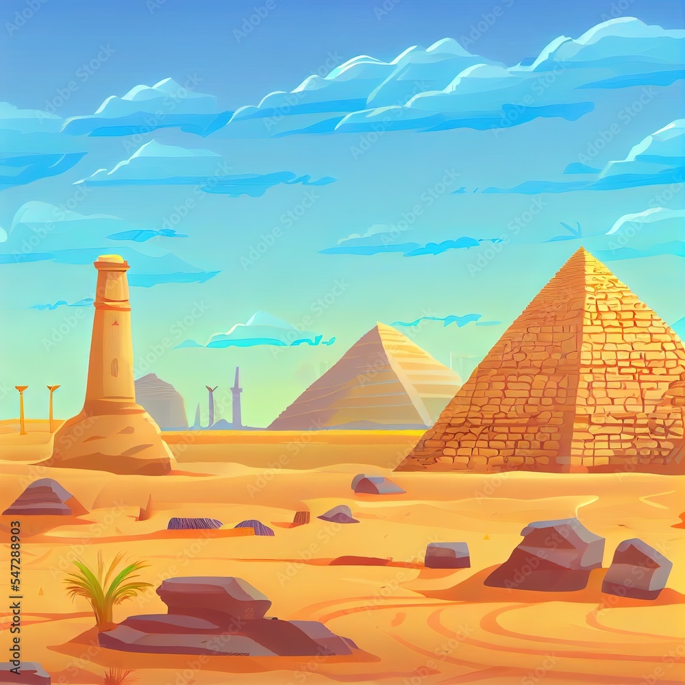 Egypt pyramid landscape, 2d illustrated desert game background, sand ...