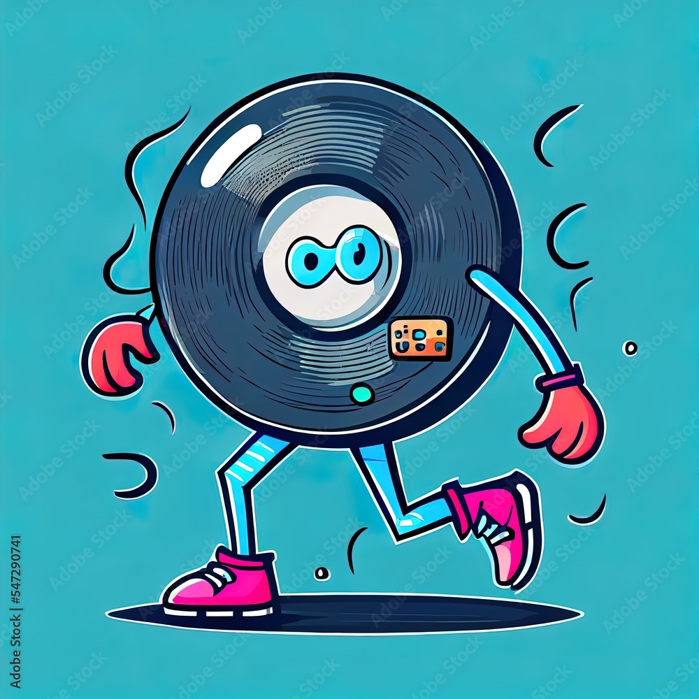 retro cartoon character with a body of a vinyl disc. Music streaming ...