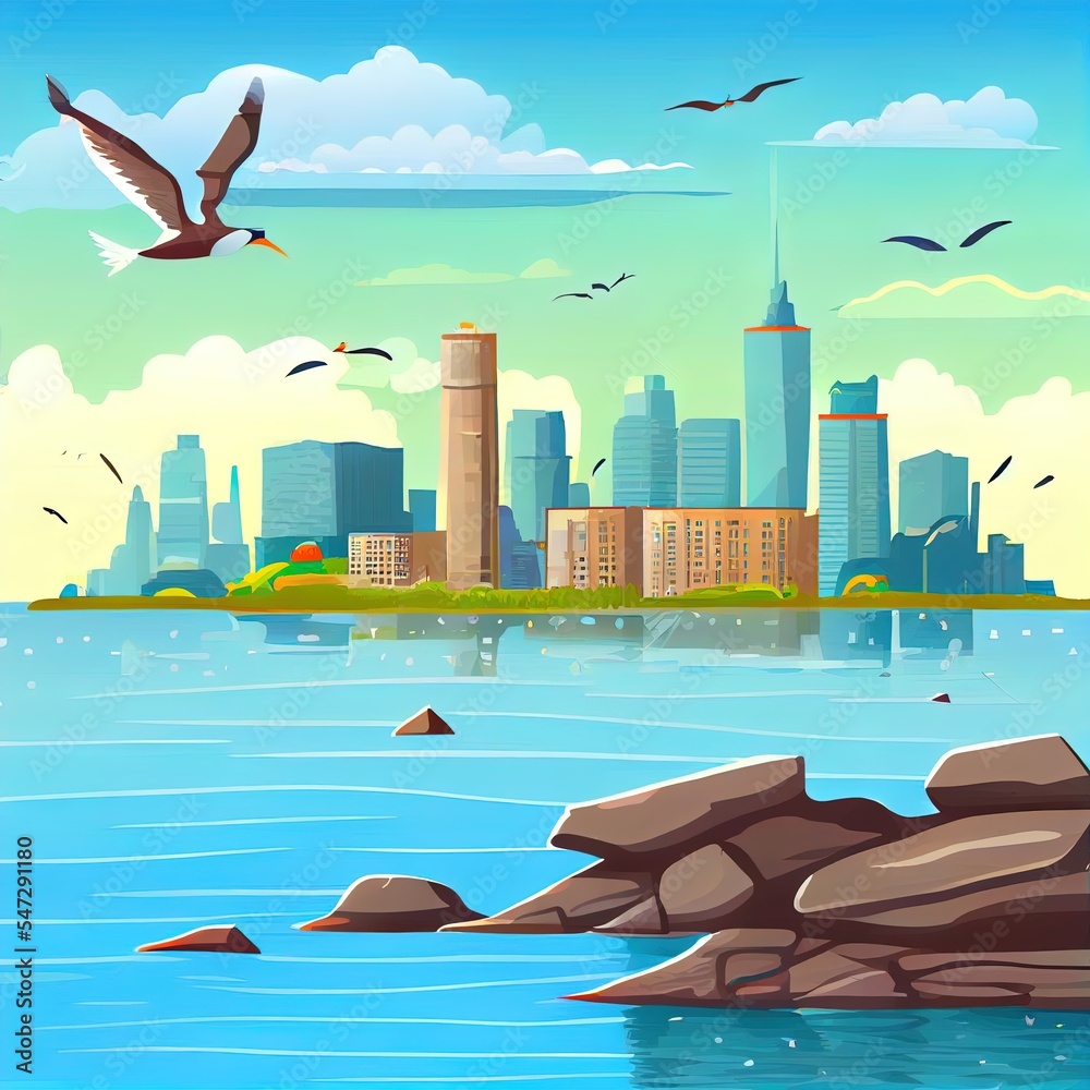 Lake or river with stones in water and city buildings on skyline. 2d ...