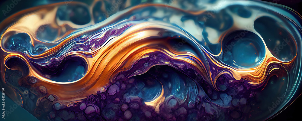 abstract blue and orange and purple background with bubbles and fluid paint as panorama header ...