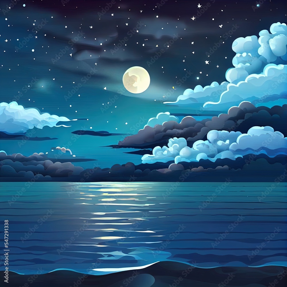 Night sea landscape with moon, stars and clouds in dark sky. 2d ...