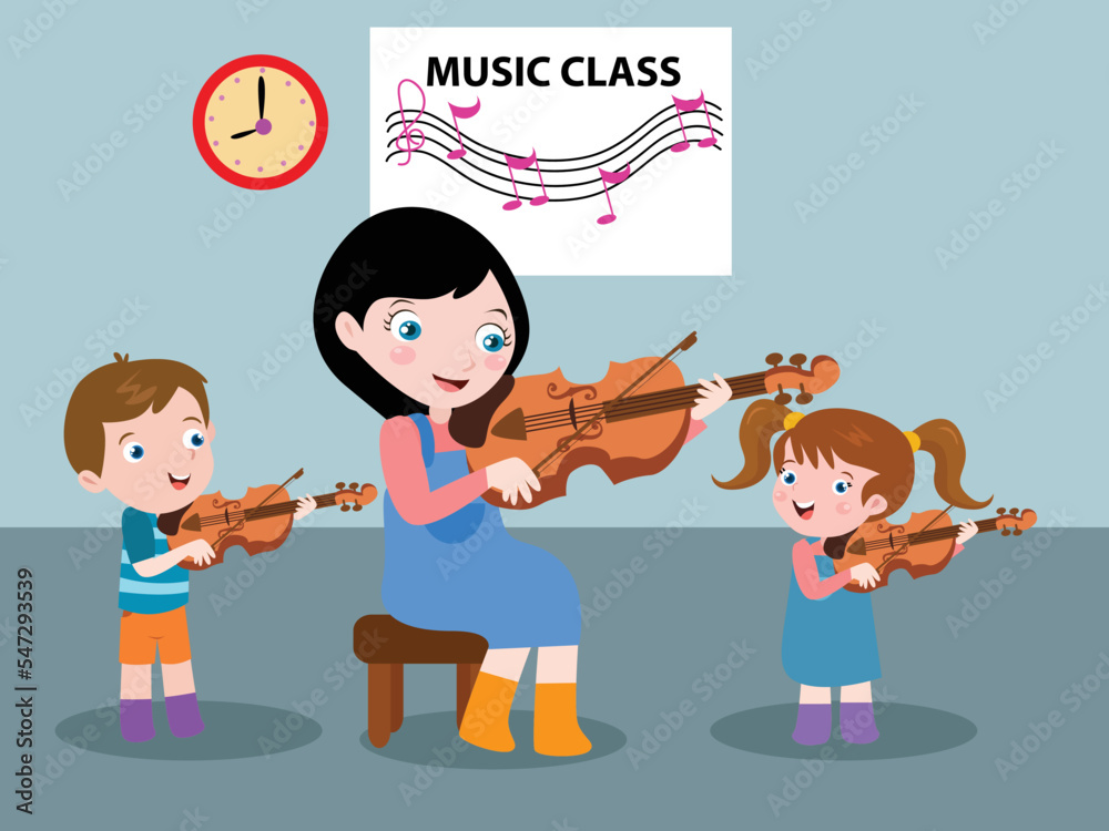 Learning music vector concept: Female teacher teaching violin to her ...