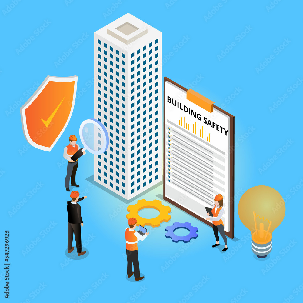 Building safety inspection list with engineers and apartment building ...