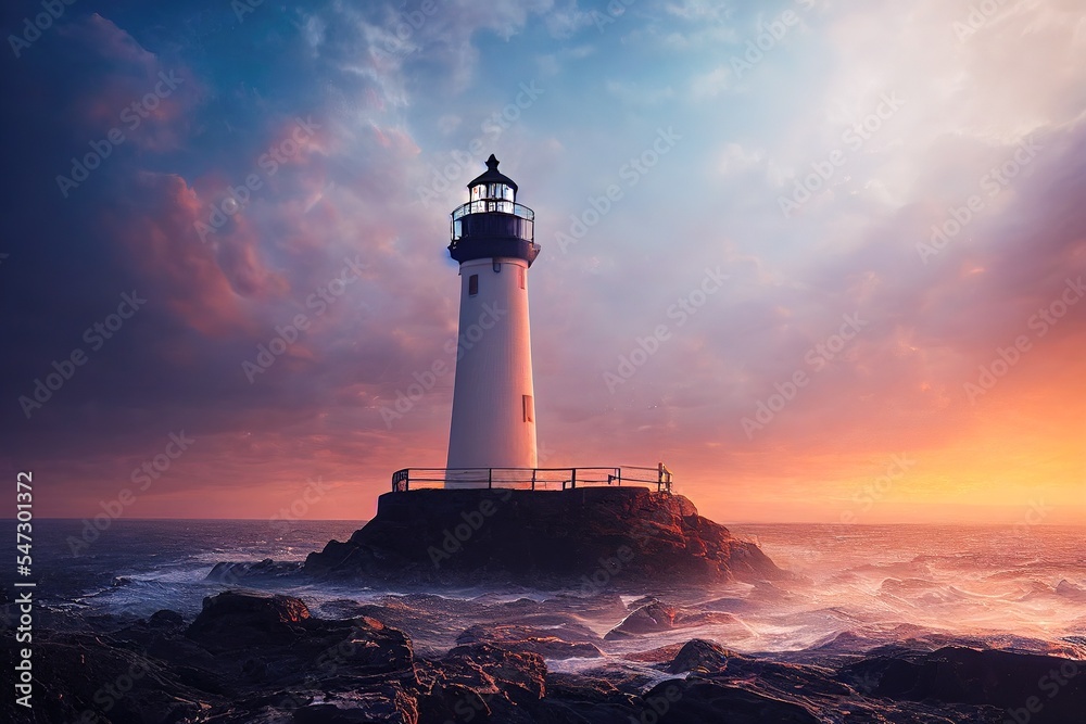 Spectacular sea landscape with lighthouse providing light during ...