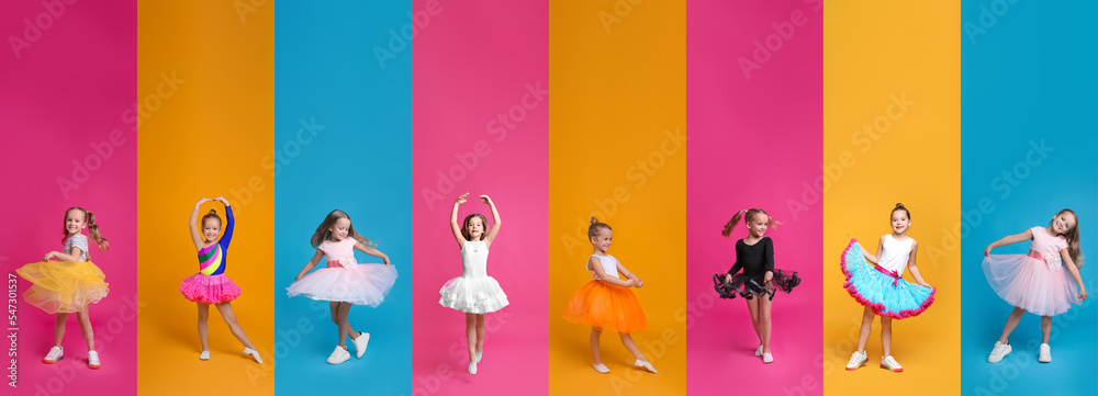 Collage with photos of cute little girls dancing on different color ...