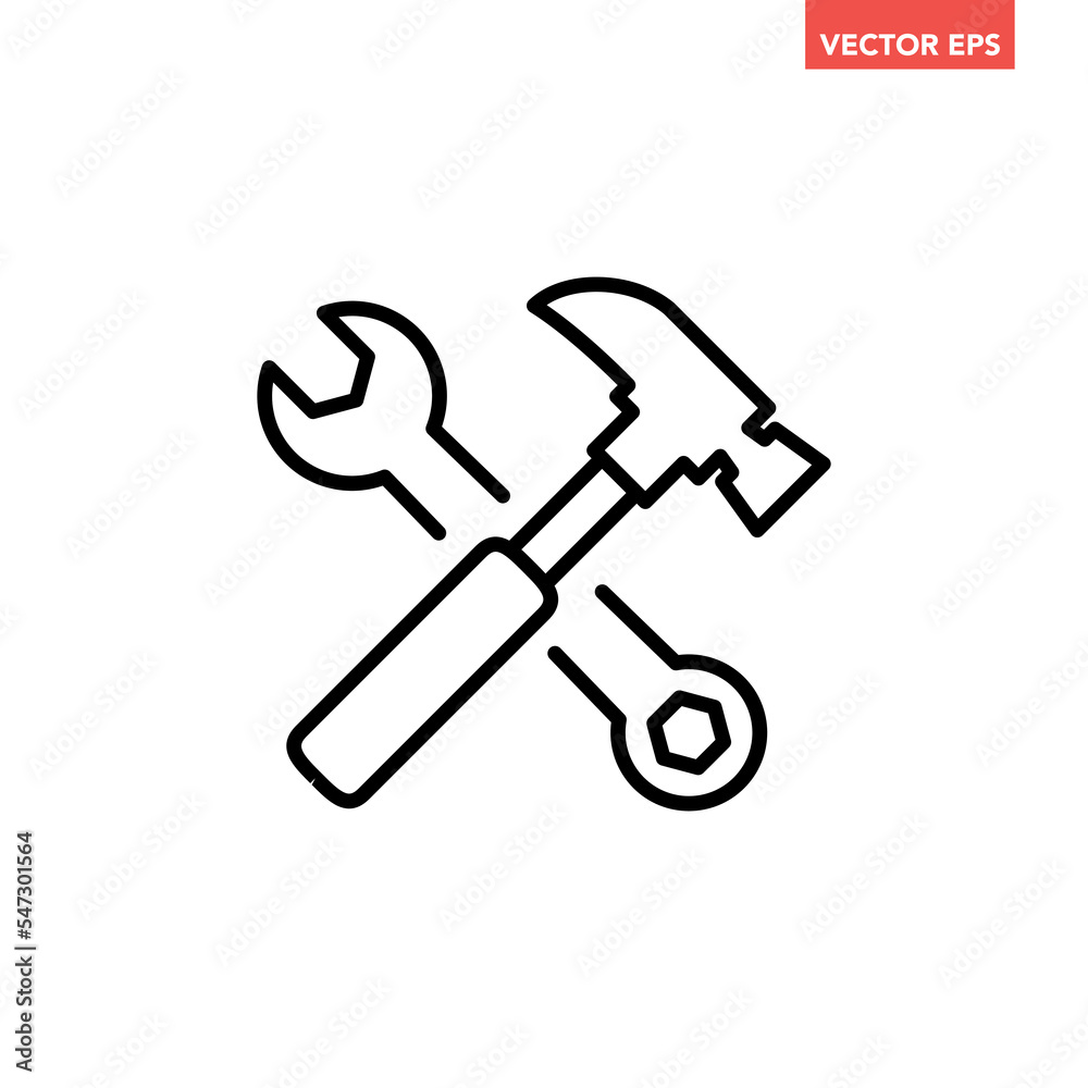 Black single hammer wrench crossed icon, tools needed, simple ...