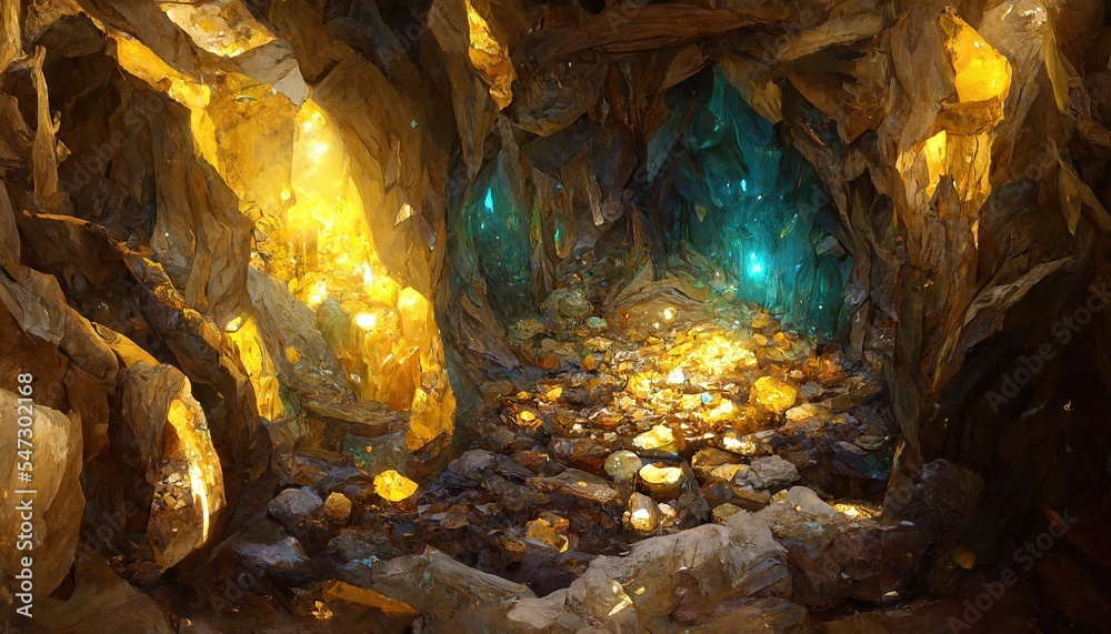 Fantasy setting gold mine tunnel with glittering gold, colorful jewels ...