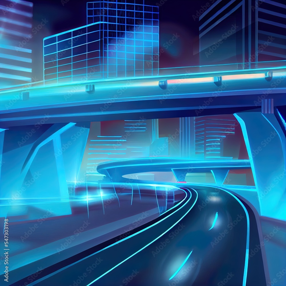 Blue neon light highway overpass motion blur with city skyline ...