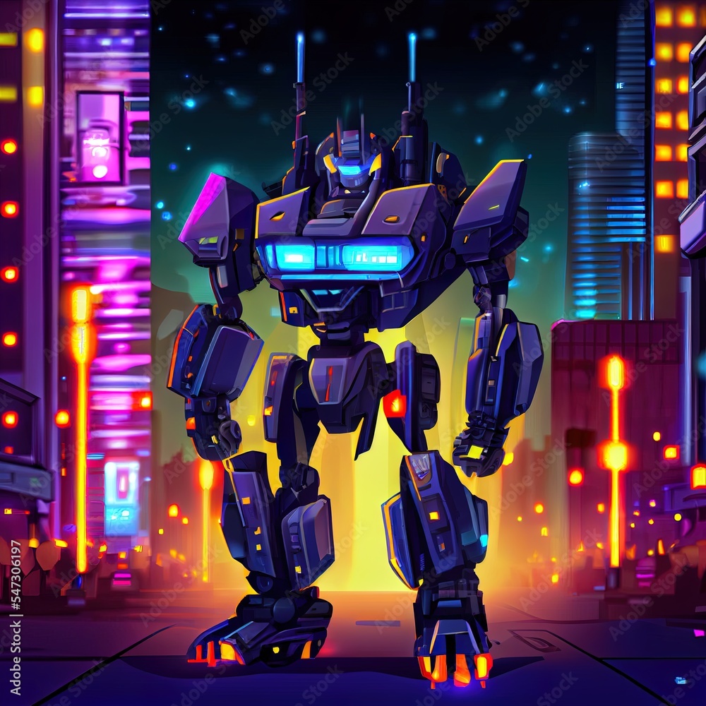 Battle robot transformer in futuristic night city. Robotics artificial ...