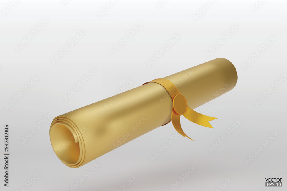 Gold Diploma, close up of gold paper scroll with golden ribbon isolated ...