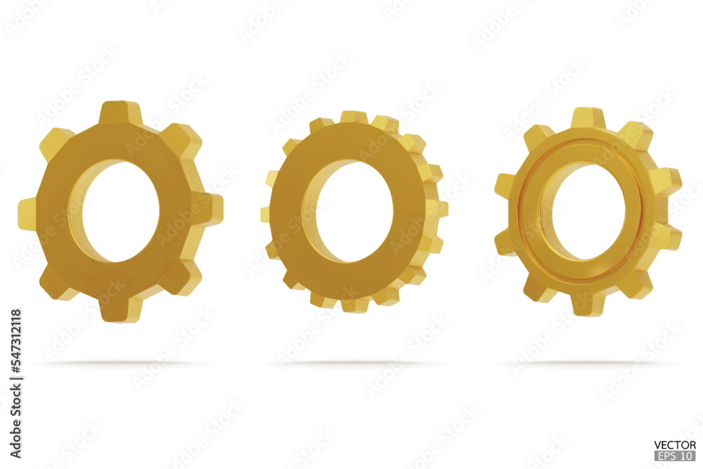 Vecteur Stock 3D gold Gear icon set. Golden Transmission cogwheels and ...