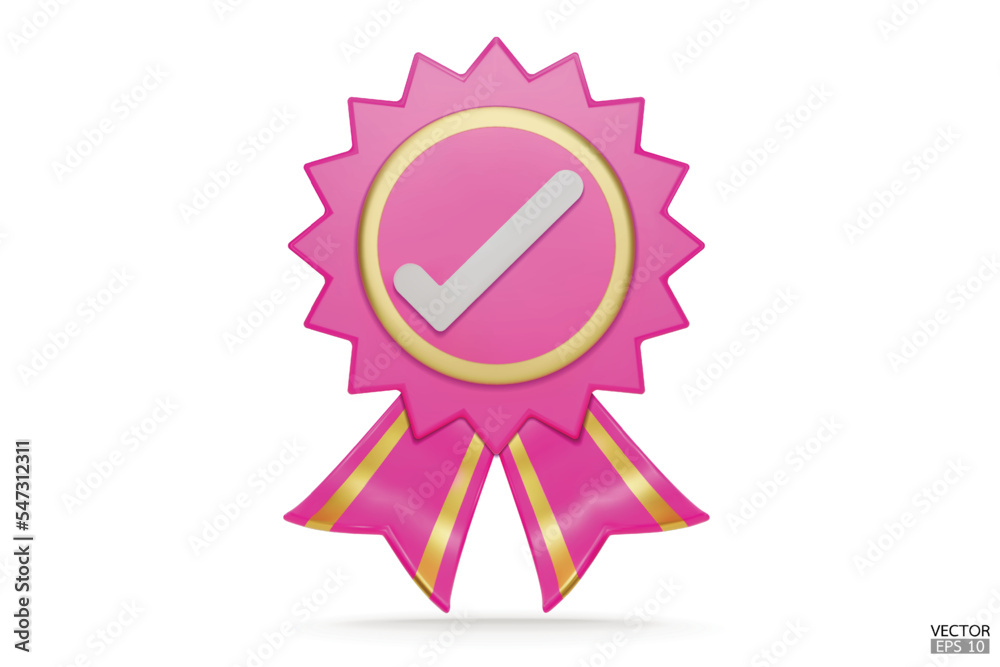Quality guarantees a medal with check mark and ribbon. Pink and gold ...