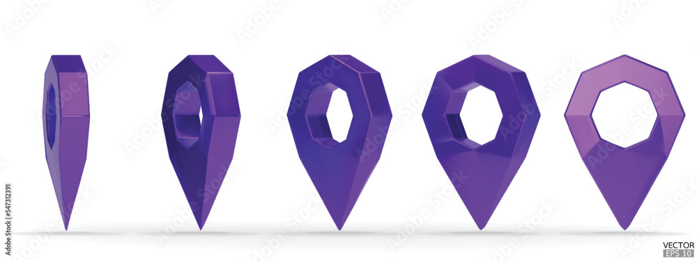 Set of map pointer isolated on white background. Metallic purple ...