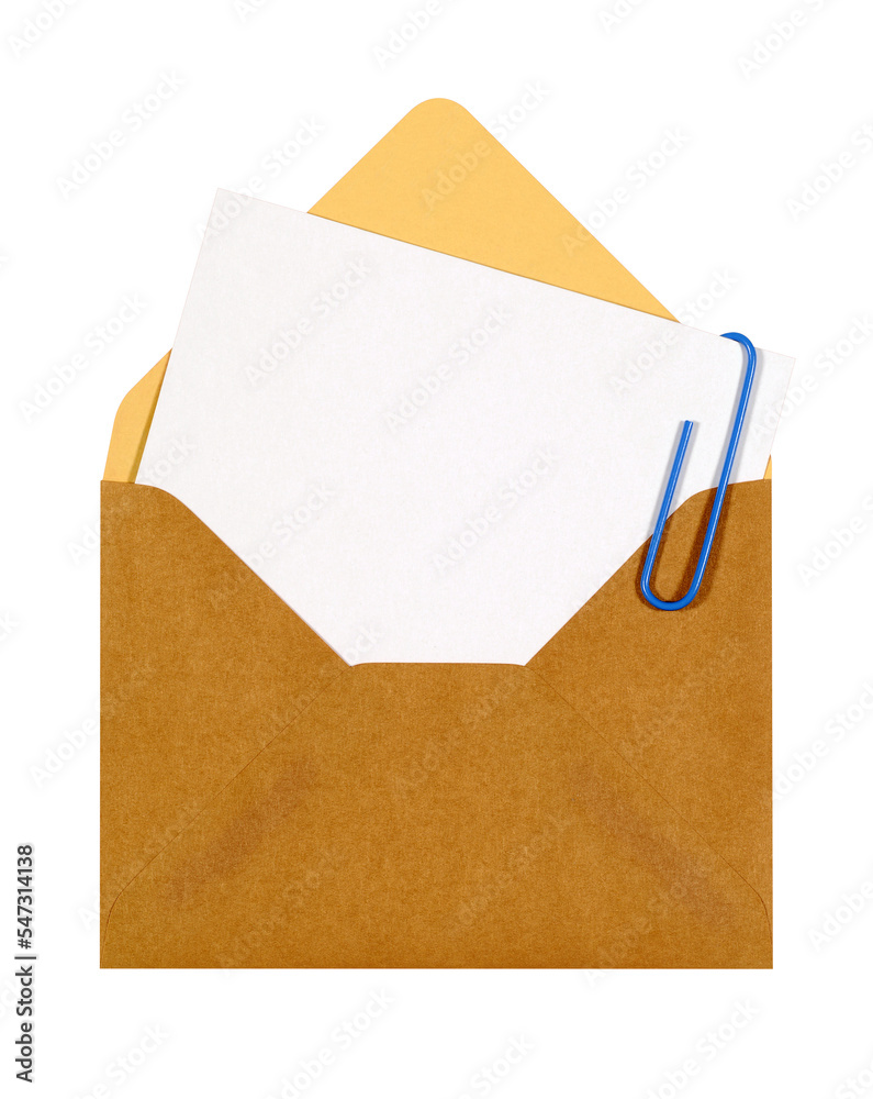 Blank letter note card white inside with brown envelope isolated ...
