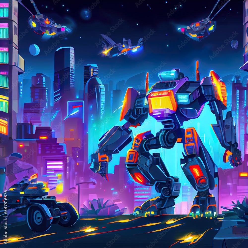 Battle robot transformer in futuristic night city. Robotics artificial ...